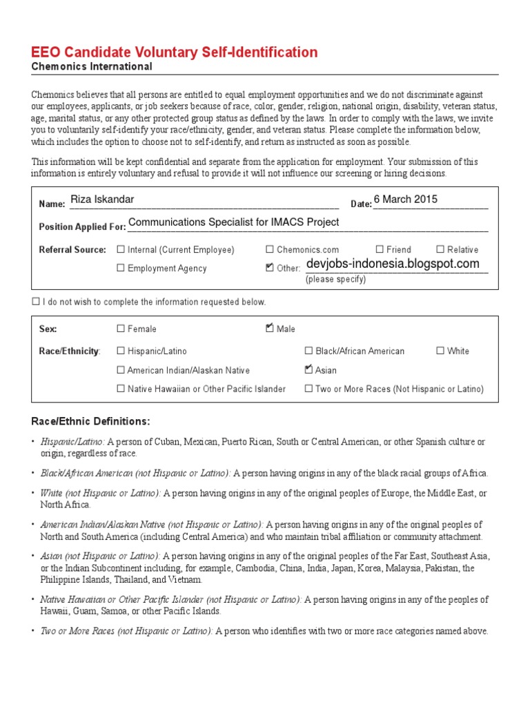 EEO Candidate Voluntary Self Identification Form May 2014 - Riza ...