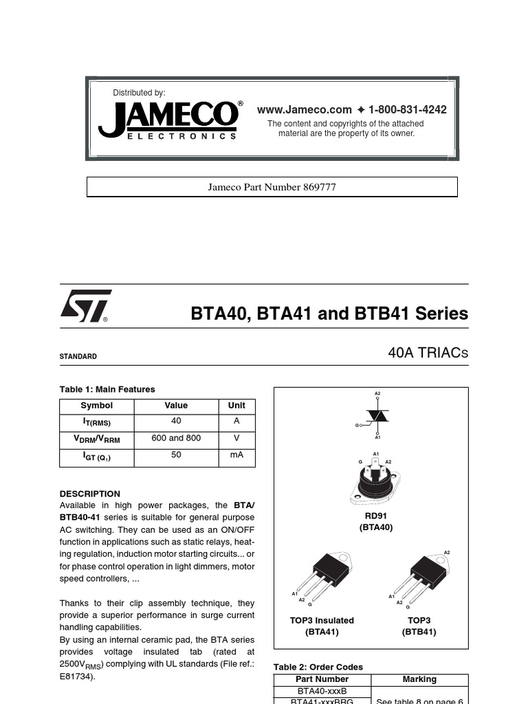 TRIAC BTA40 600B Datasheet | PDF | Manufactured Goods | Electronics