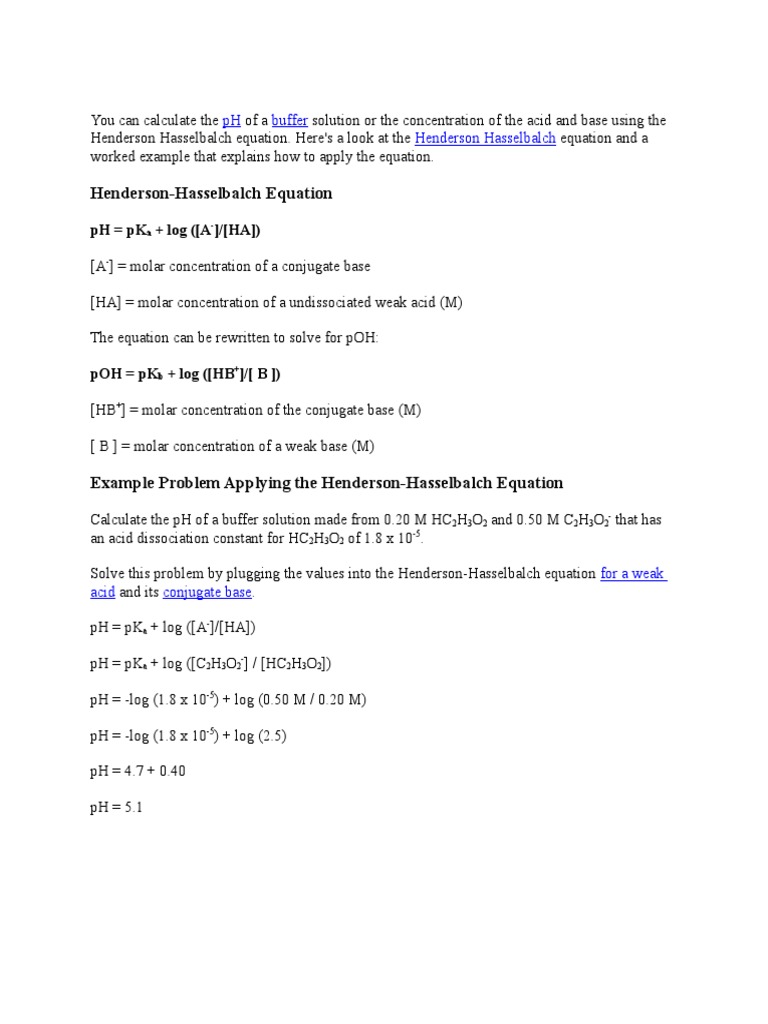 You Can Calculate The PH of A Buffer Solution or The Concentration of The Acid and Base Using ...