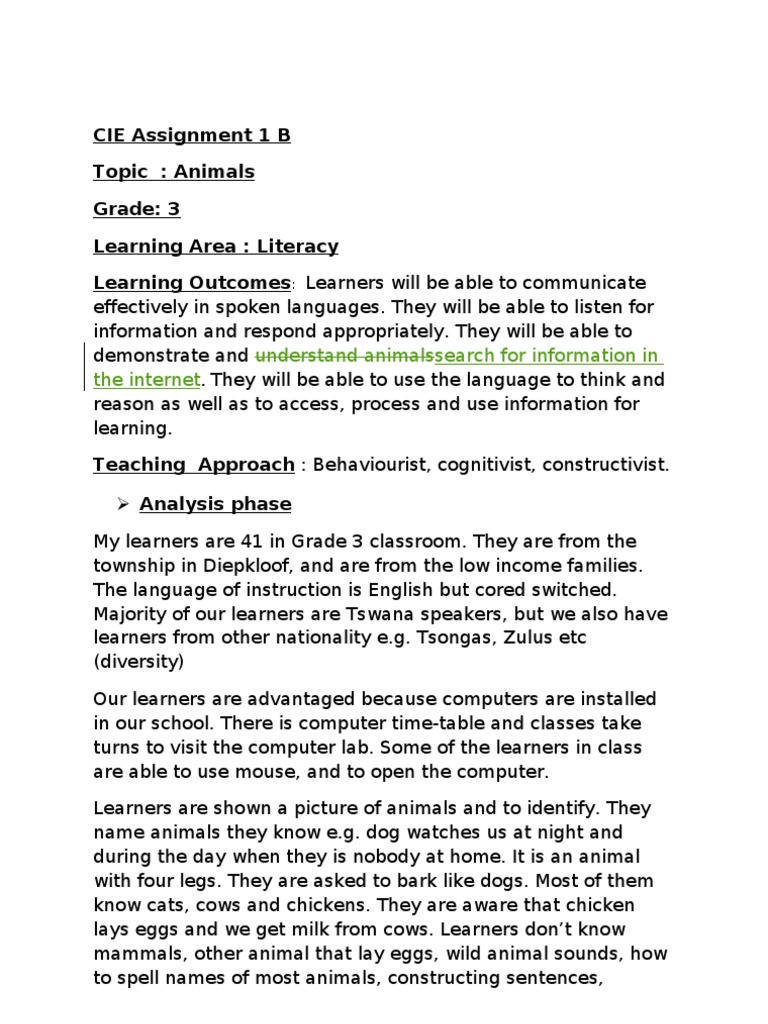 CIE Assignment 1 B Topic: Animals Grade: 3 Learning Area: Literacy Learning Outcomes | PDF ...