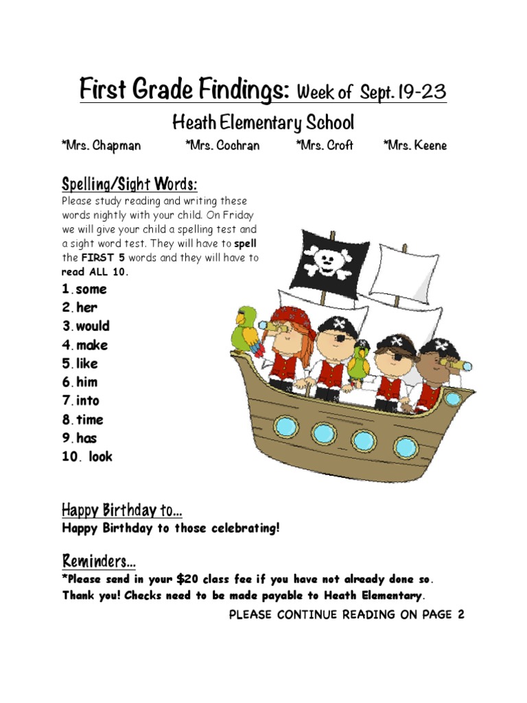 First Grade Weekly Update: Sept 19-23 | PDF | Language Arts & Discipline