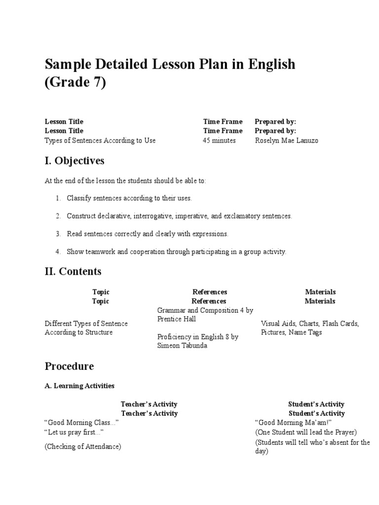 Sample Detailed Lesson Plan in English | PDF | Question | Sentence ...