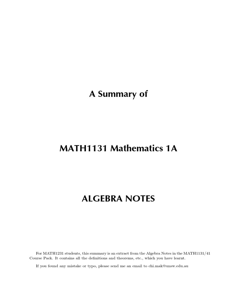 Summary MATH1131 Algebra | PDF | Trigonometric Functions | Matrix (Mathematics)