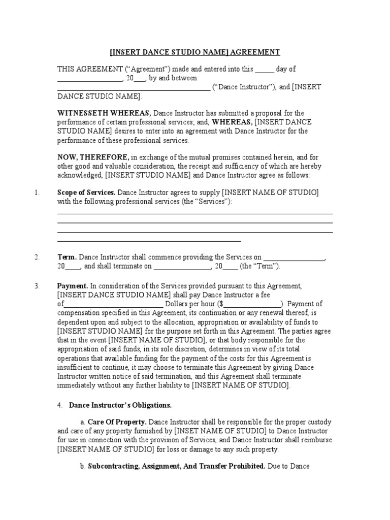 Dance Studio Contract Sample 1 | PDF | Indemnity | Social Institutions