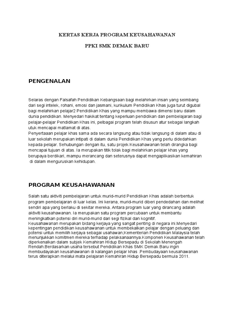 Kertas Kerja Program Keusahawanan | PDF