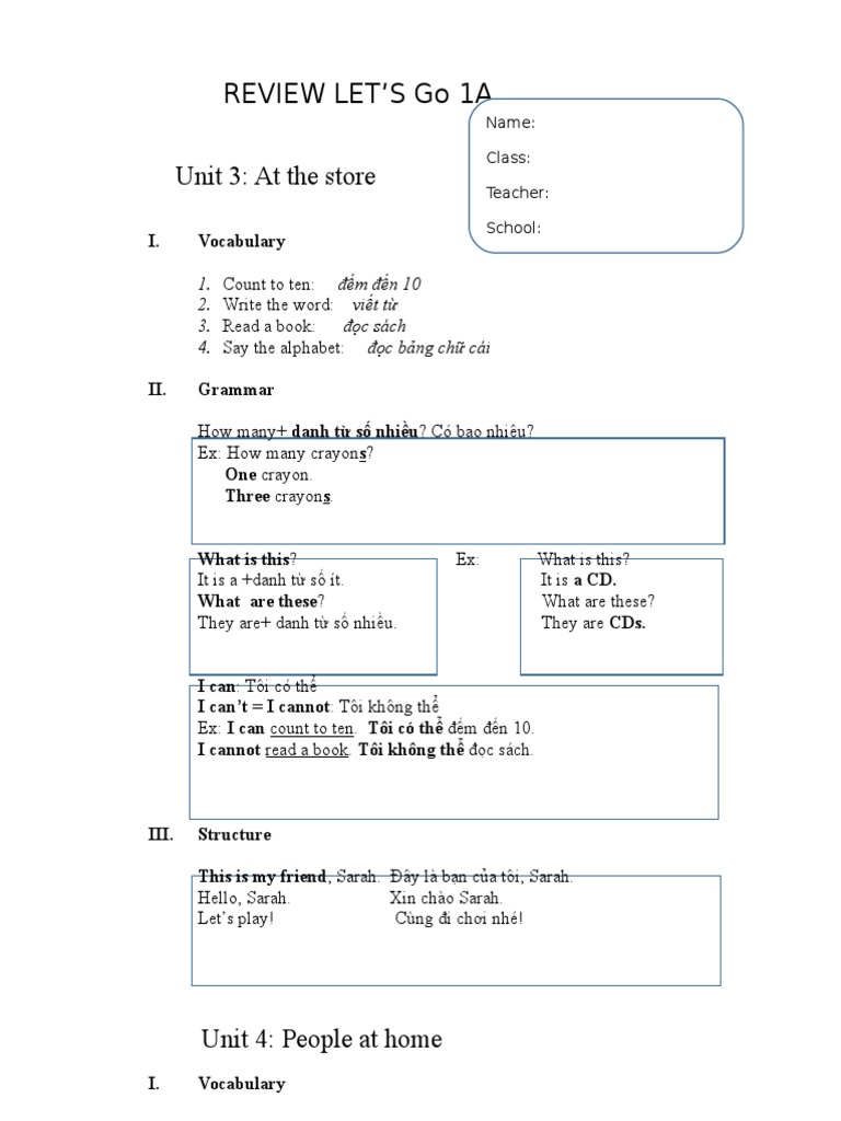 Review + Test Let's Go 1A | PDF