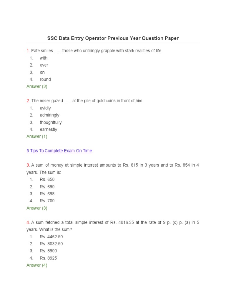 SSC Data Entry Operator Previous Year Question Paper | PDF