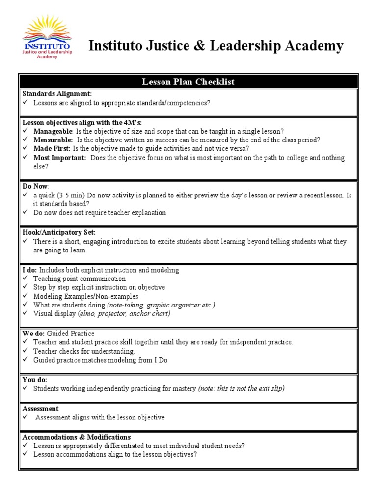 Instituto Justice & Leadership Academy: Lesson Plan Checklist | PDF