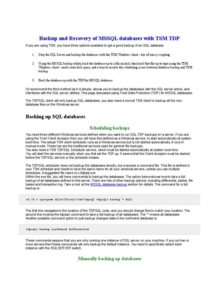 Backup And Recovery Of Mssql Databases With Tsm Tdp Pdf Microsoft Sql Server Backup