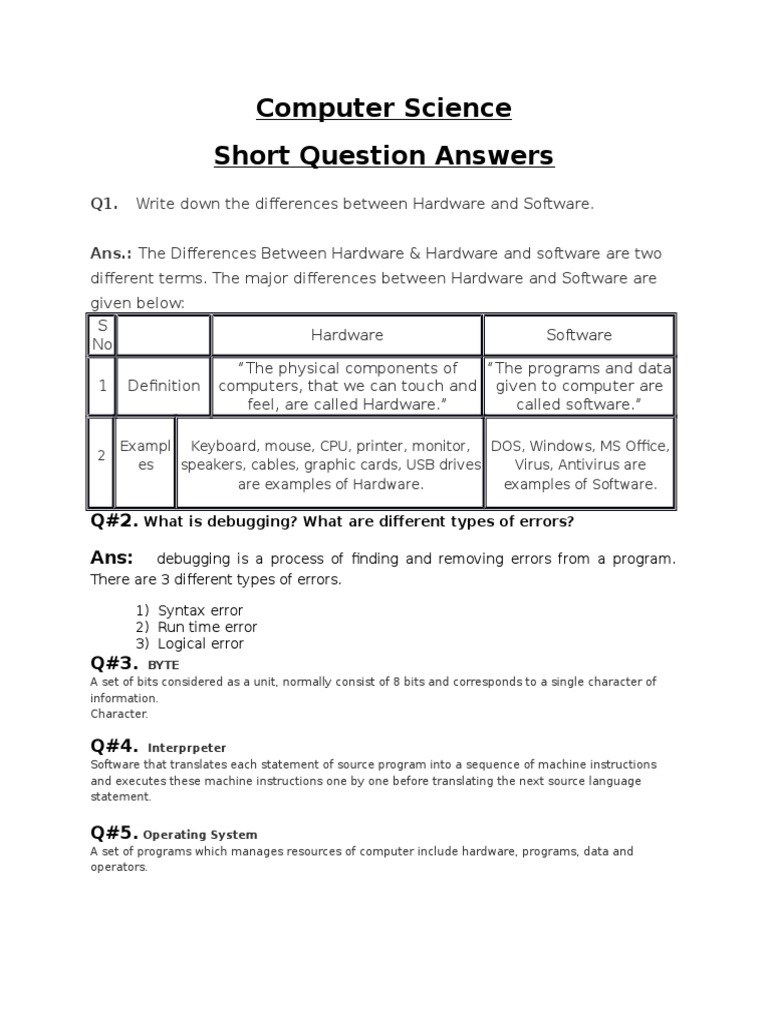 Short Question Answers Computer Science | PDF | Computer Hardware | Computer Program