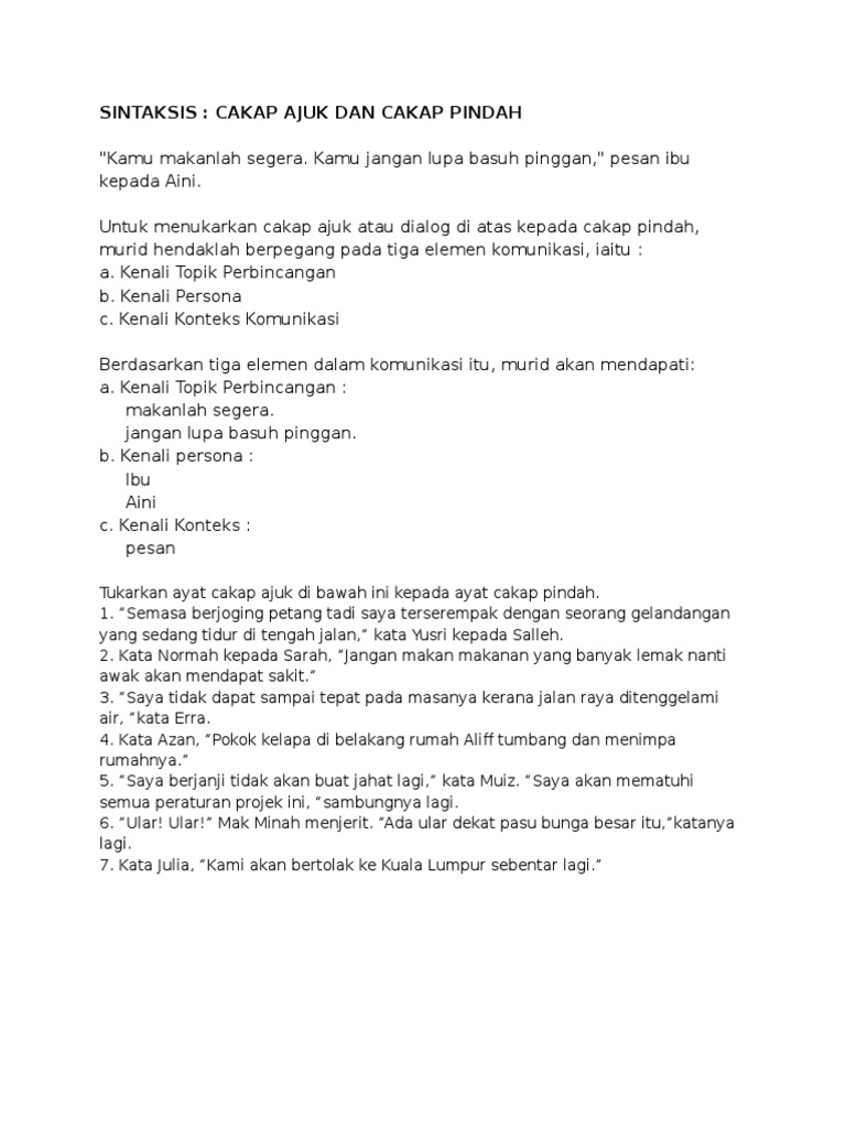 SINTAKSIS: Tukar Cakap Ajuk Kepada Cakap Pindah | PDF | Kajian Bahasa Asing