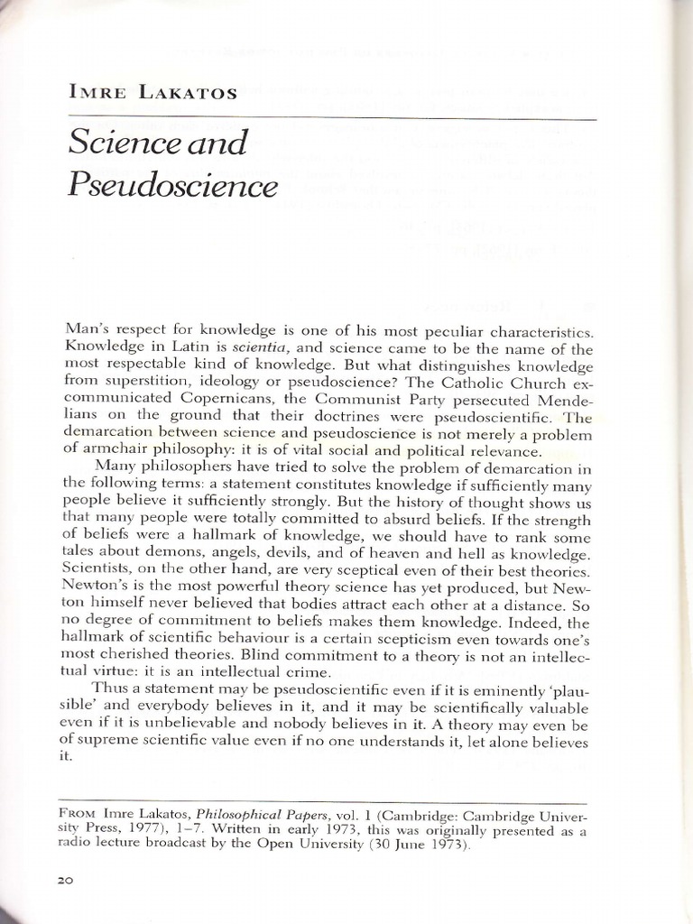 Science and Pseudoscience (1973) (Imre Lakatos) | PDF | Pseudoscience | Falsifiability