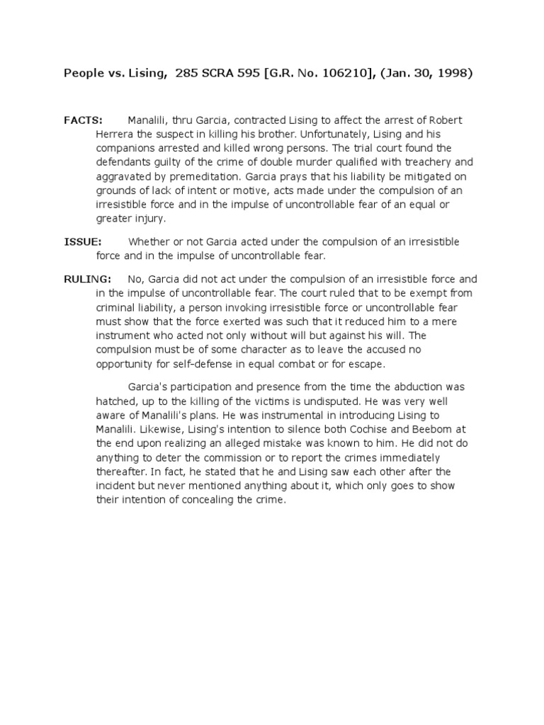People vs. Lising, 285 SCRA 595 (G.R. No. 106210), (Jan. 30, 1998) | PDF
