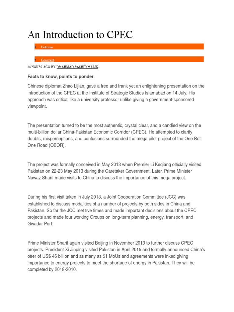 An Introduction To CPEC | PDF | International Relations | Economies