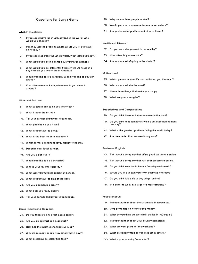 Questions For Jenga Game | PDF