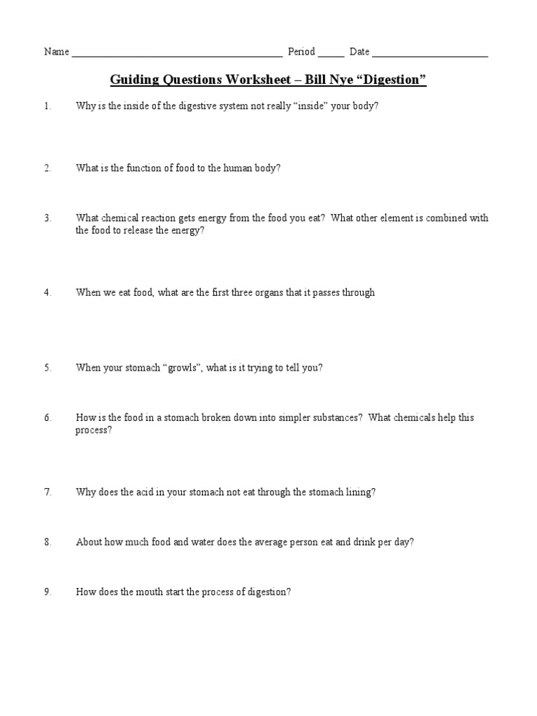 Bill Nye Digestion Worksheet | PDF | Digestion | Stomach