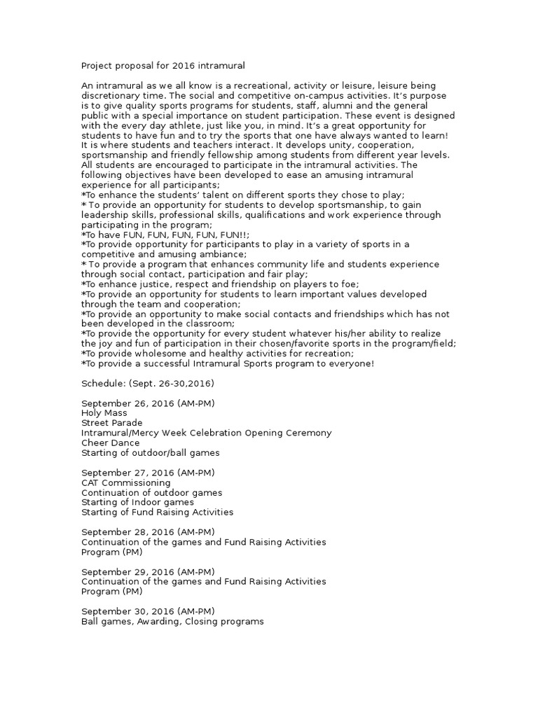 Project Proposal for 2016 Intramural | Sports | Leisure