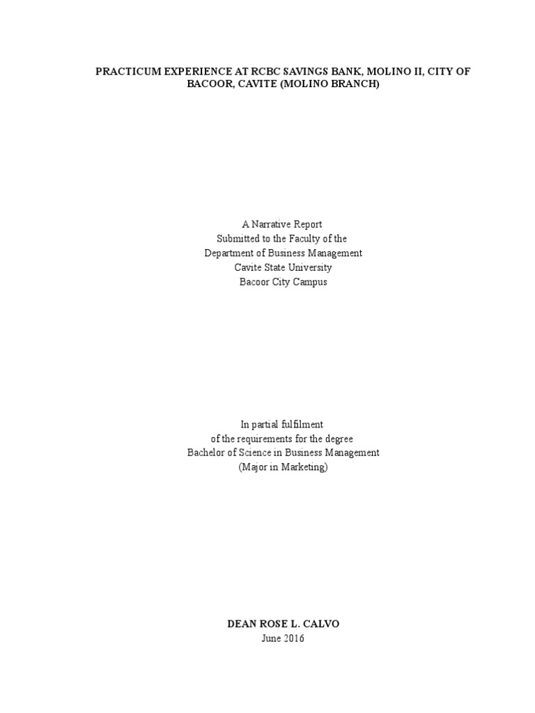 Practicum Experience at RCBC Savings Bank, Molino Ii, City of Bacoor ...