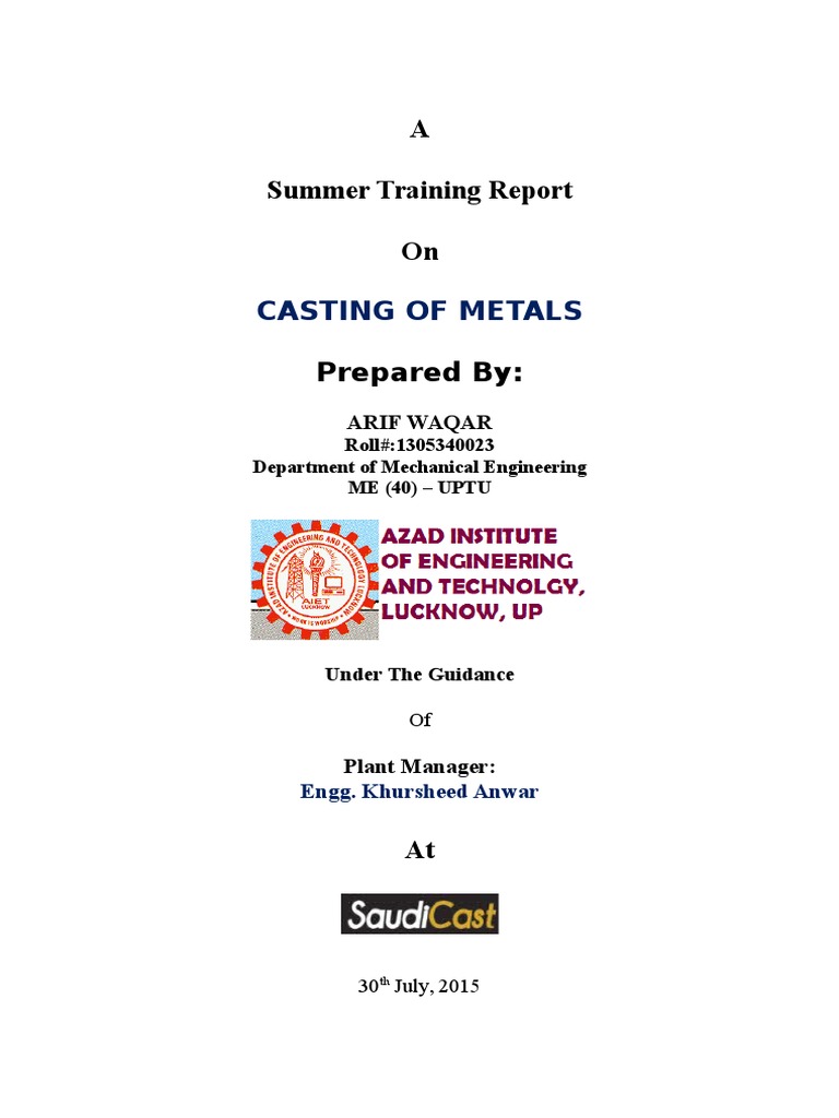 Summer Training Report Casting | PDF | Casting (Metalworking) | Foundry