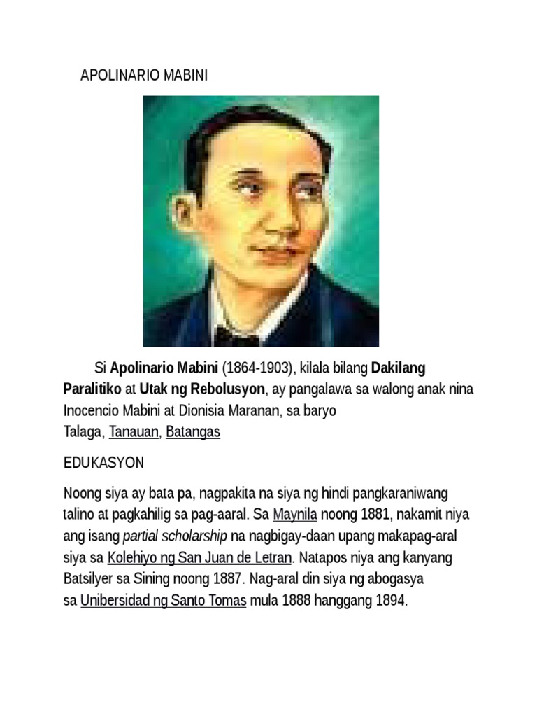 Talambuhay Ni Apolinario Mabini Sino Ang Bayaning Pinoy Talambuhay Ng