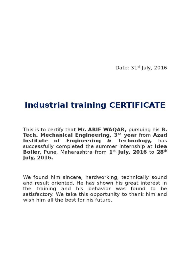 Mechanical Engineering Internship Certificate | PDF | Career & Growth