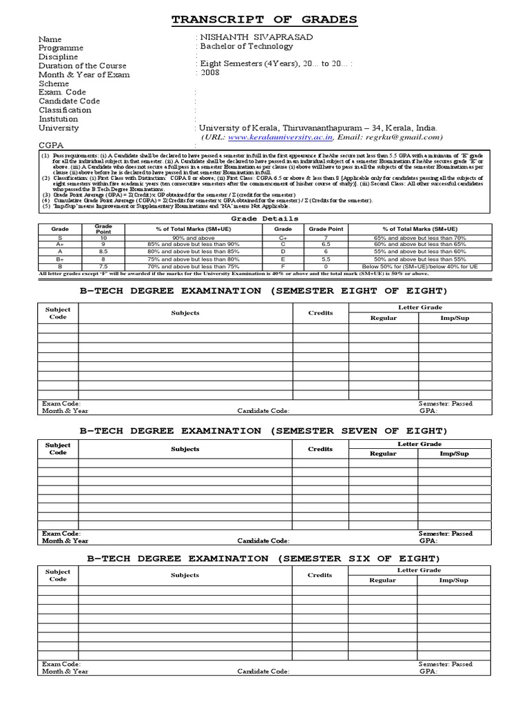 Kerala University Transcript Format | Course Credit | Test (Assessment)