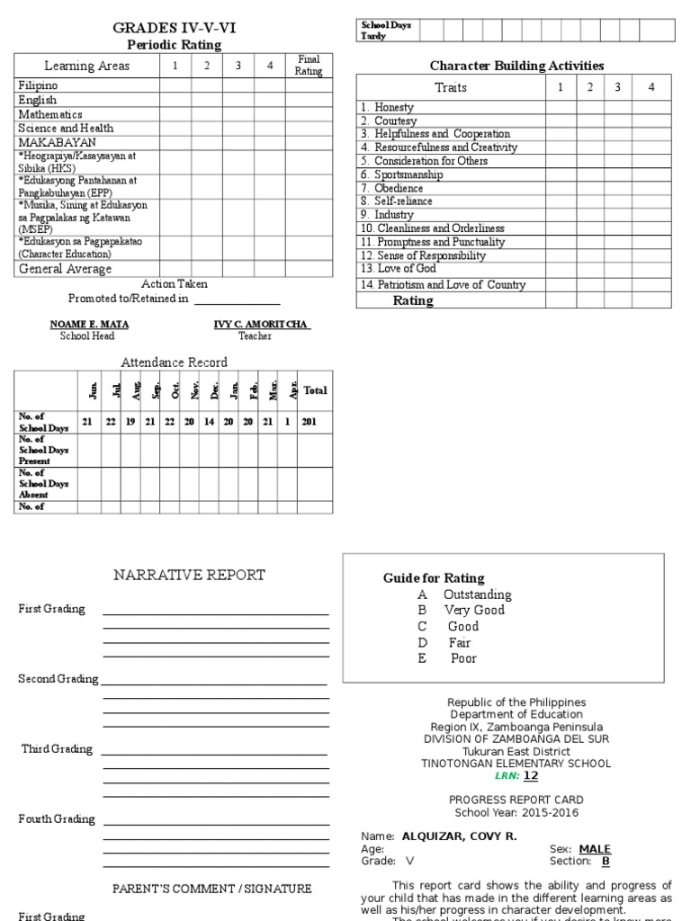 GRADES 6 Report Card | PDF | Educational Institutions | Educational ...