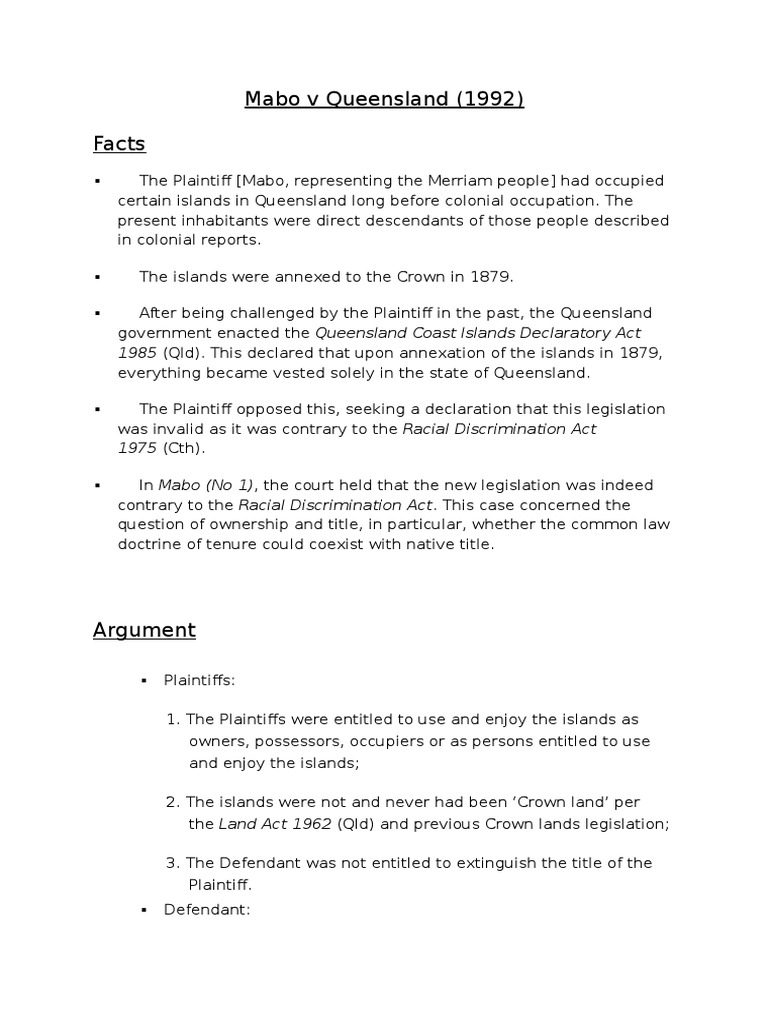 Mabo V Queensland | PDF | Common Law | Government