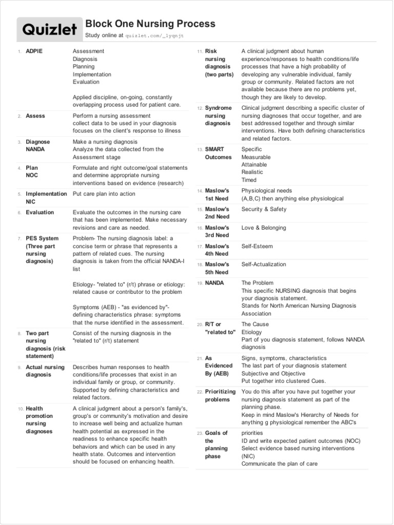 Block One Nursing Process | PDF | Medical Diagnosis | Nursing