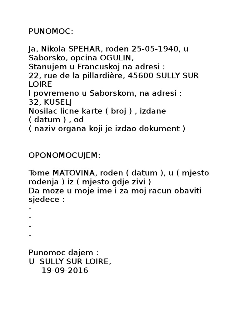 Punomoc Et Procuration | PDF | Voyages