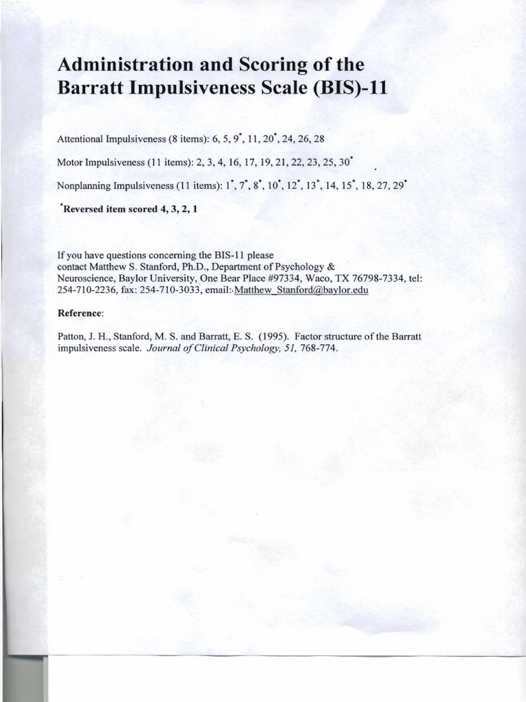 Administration and Scoring of The Barratt Impulsiveness Scale BIS 11 ...