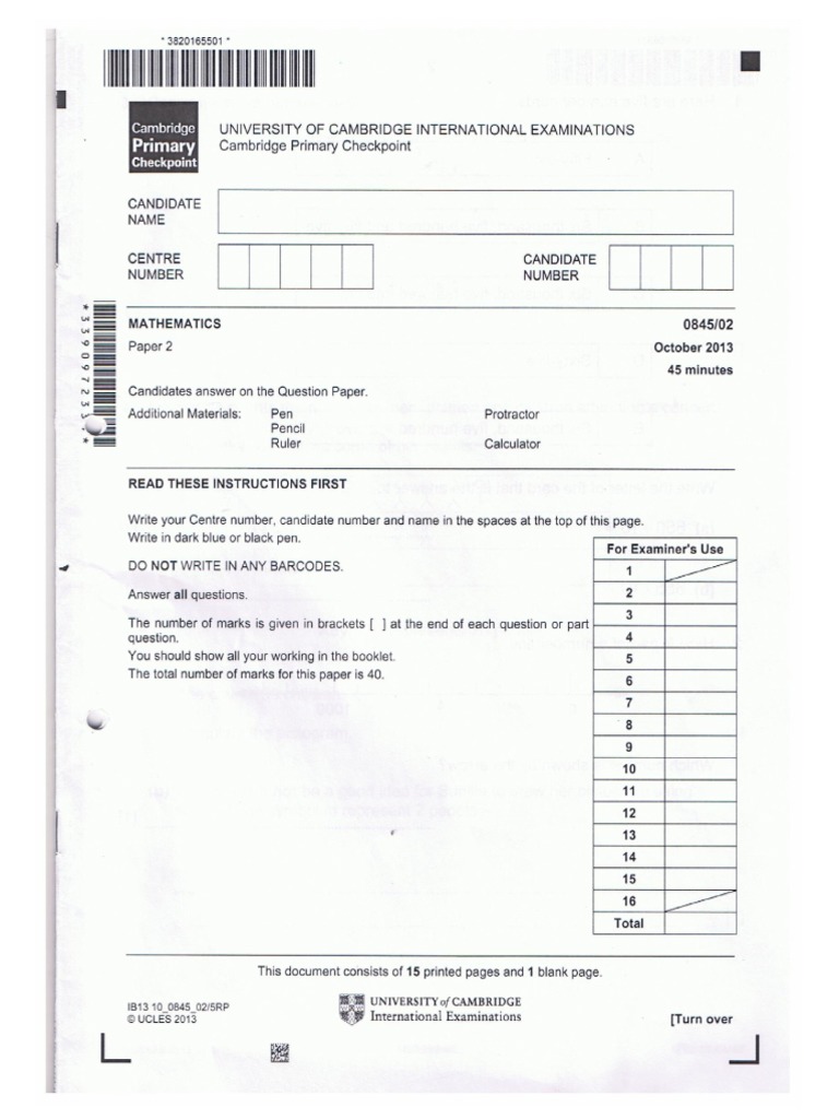 Primary Checkpoint - Math (0845) October 2013 Paper 2 | PDF