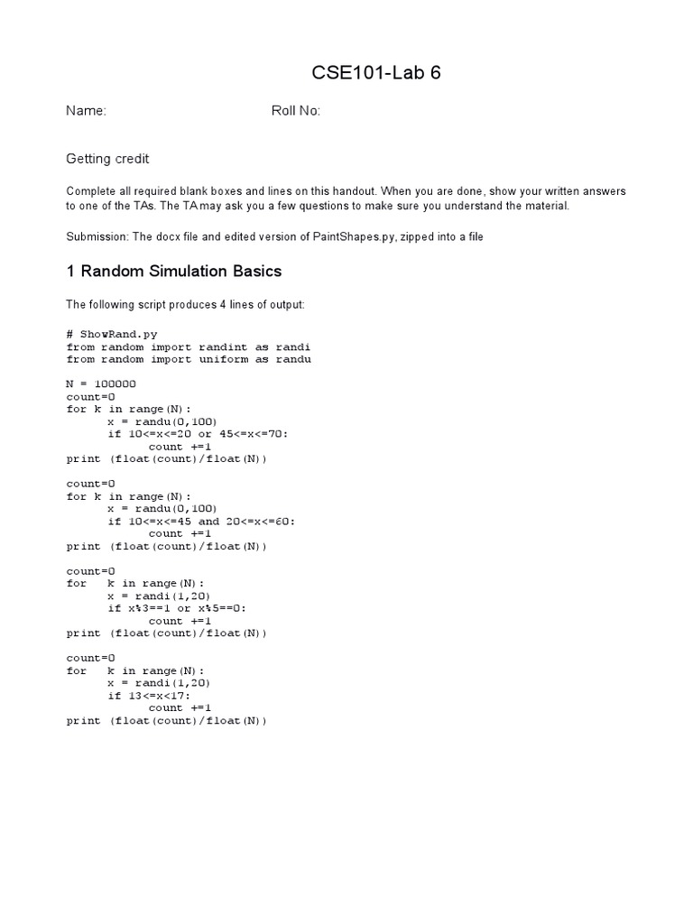 CSE101-Lab 6: 1 Random Simulation Basics | PDF | Areas Of Computer Science | Software Engineering