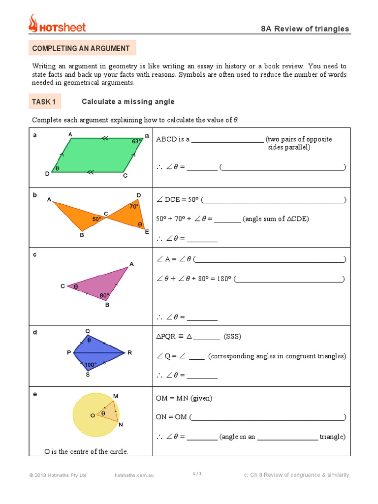 8A Review of Triangles Completing An Argument: Calculate A Missing ...