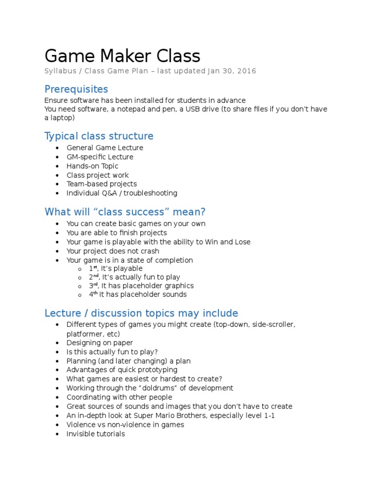 Game Maker Class Syllabus Overview | PDF | Computers
