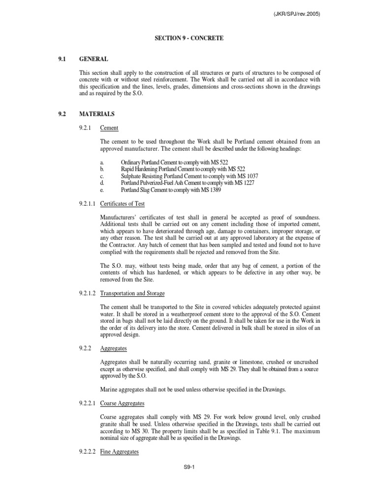 Standard Specification of Roads Works - Section 9 - Concrete | PDF ...