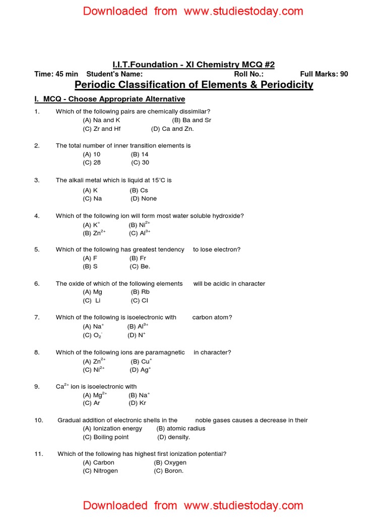 CBSE Class 11 Chemistry MCQs - Periodic Classification of Elements ... CBSE Class 11 Chemistry MCQs - Periodic Classification of Elements ...