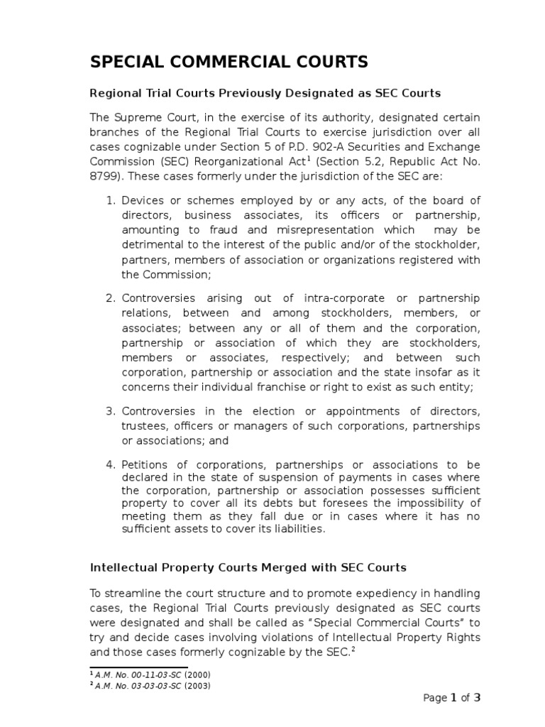 Special Commercial Courts Overview | PDF | Partnership | Corporations