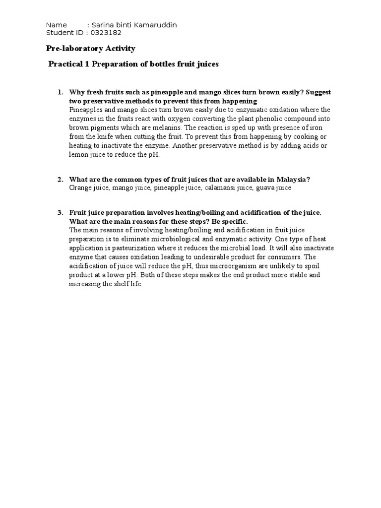 Pre-Laboratory Activity Practical 1 Preparation of Bottles Fruit Juices ...