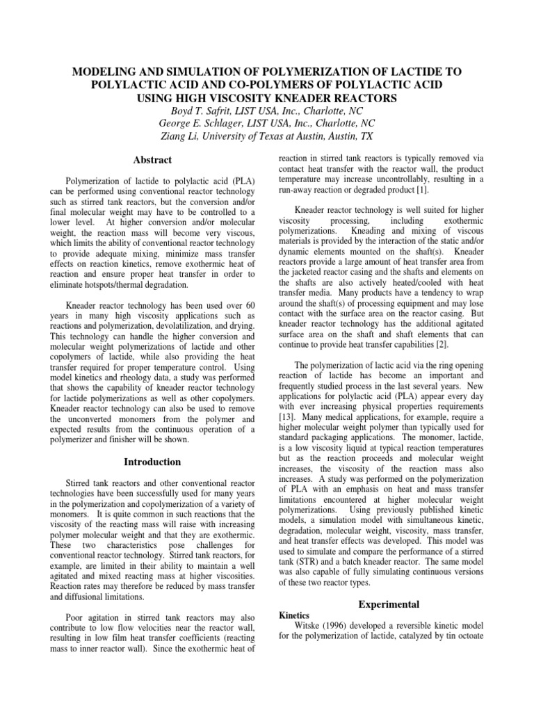 Modeling and Simulation of Polymerization of Lactide To Polylactic ...