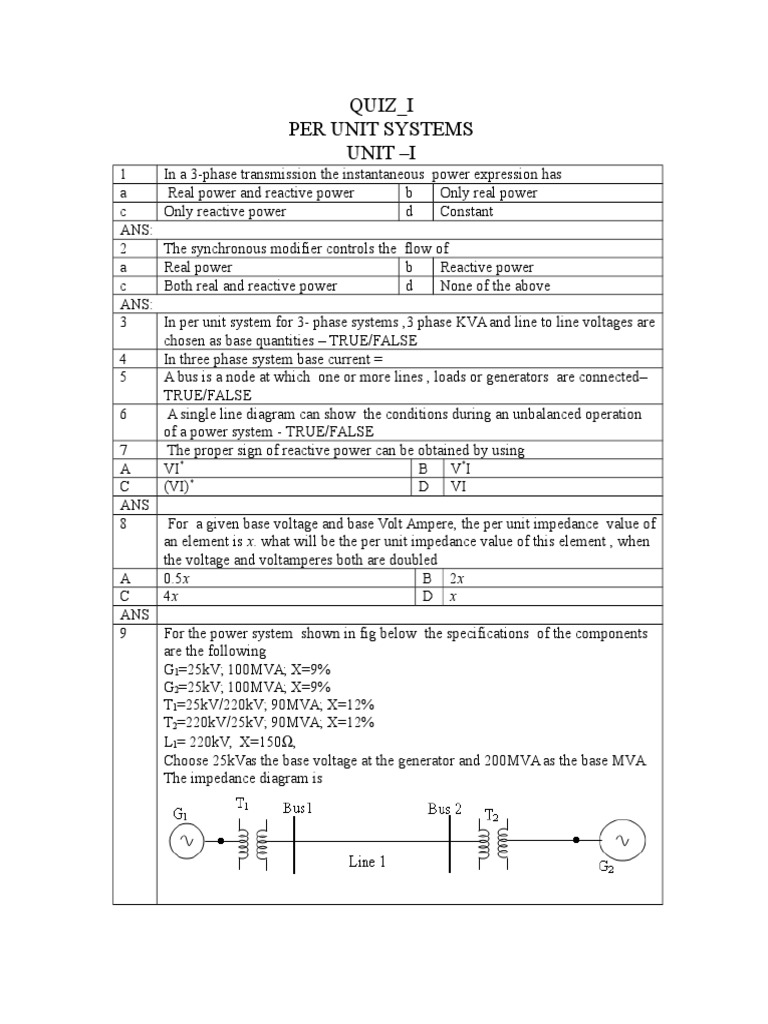 Quiz - I Per Unit Systems Unit - I | PDF | Ac Power | Transformer