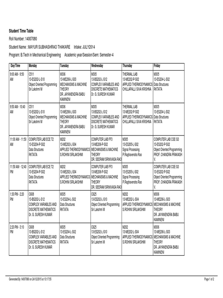 Student Time Table Report | PDF | Systems Theory | Physics