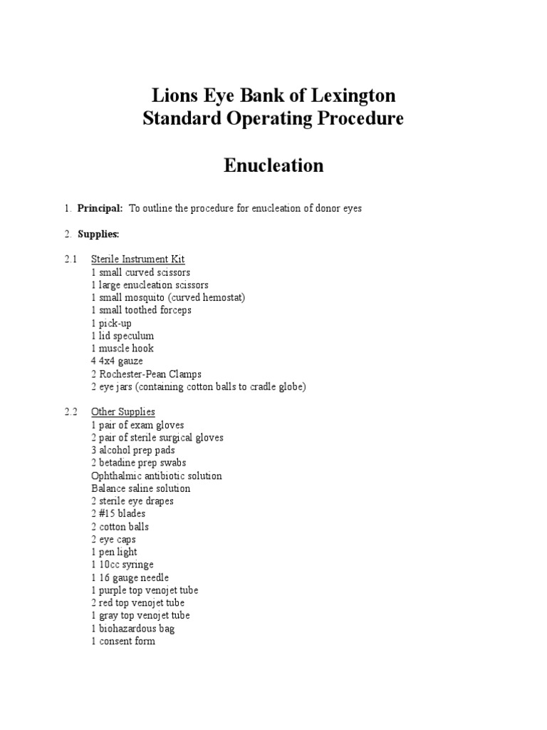 Lions Eye Bank of Lexington Standard Operating Procedure Enucleation ...