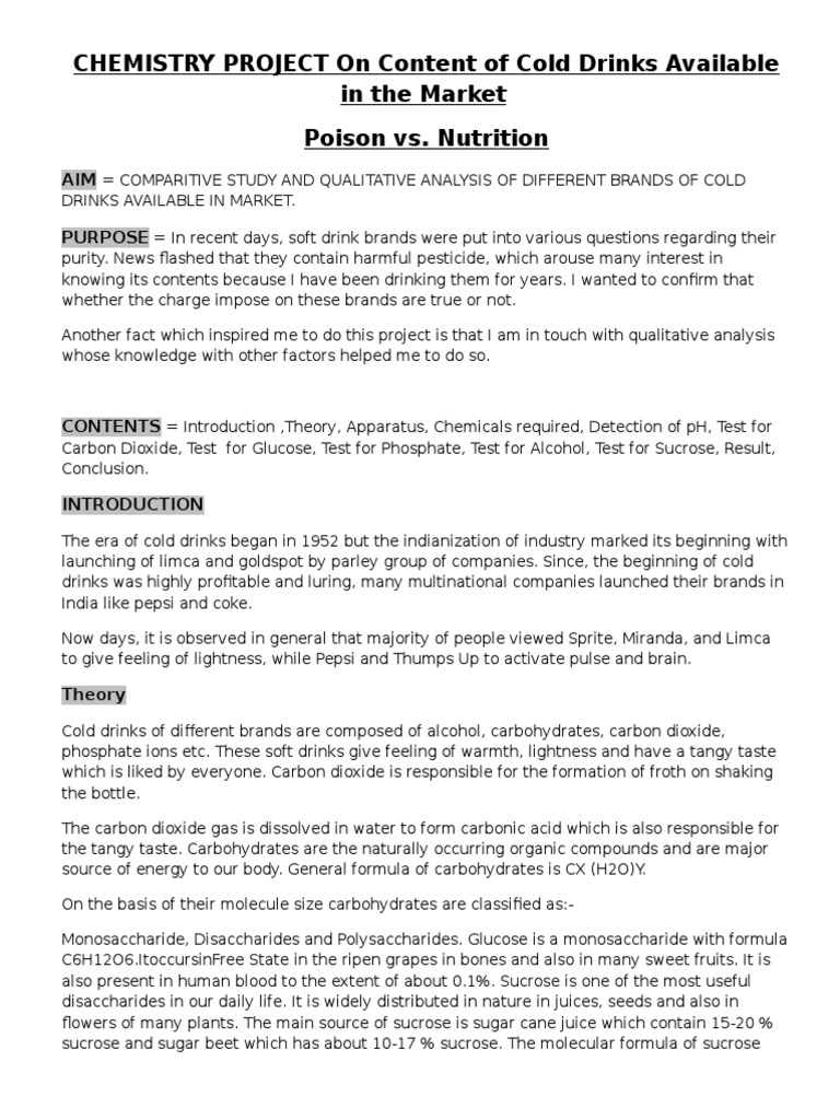 CHEMISTRY PROJECT On Content of Cold Drinks Available in The Market ...