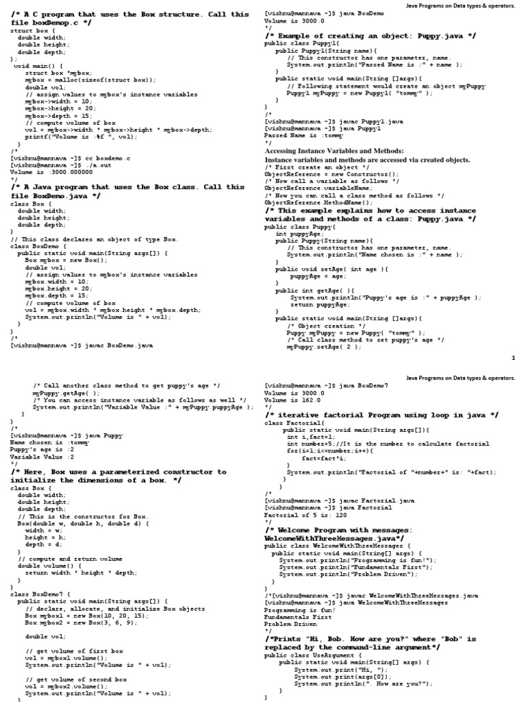 Java Programs On Data Types And Operators Pdf Pdf Method Computer Programming Constructor
