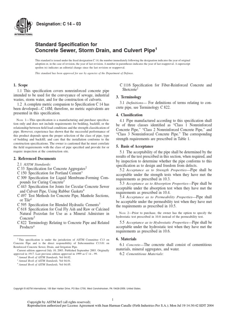 ASTM C14 | Hormigón | Tubería (Transporte fluido)