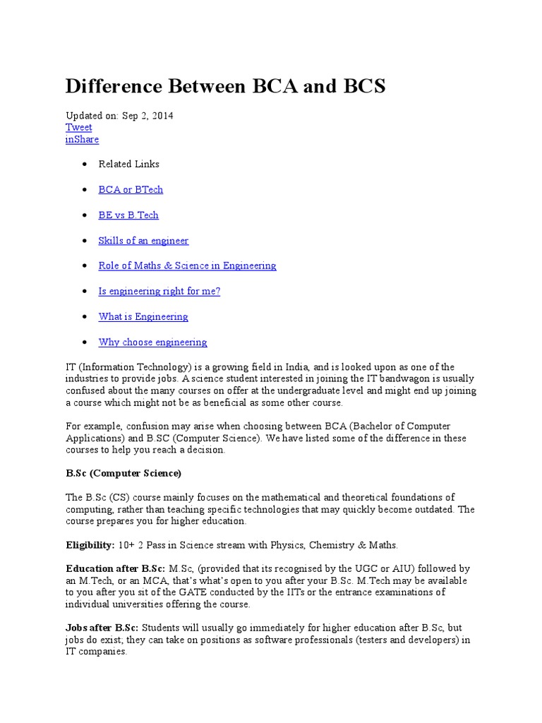 Difference Between BCA and BCS | PDF