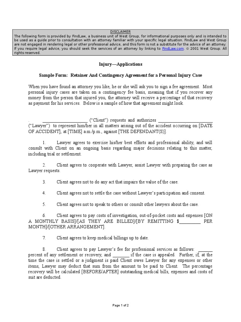 Injury-Applications Sample Form: Retainer and Contingency Agreement For A Personal Injury Case ...