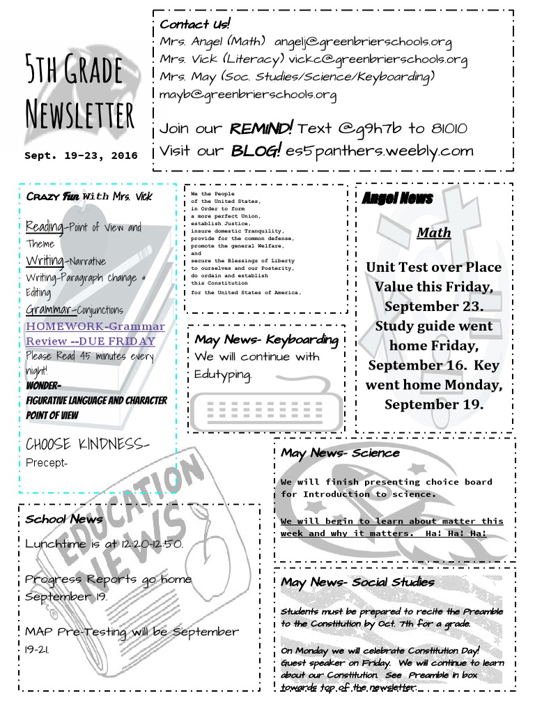 5th Grade Newsletter | PDF | Social Science | Language Arts & Discipline