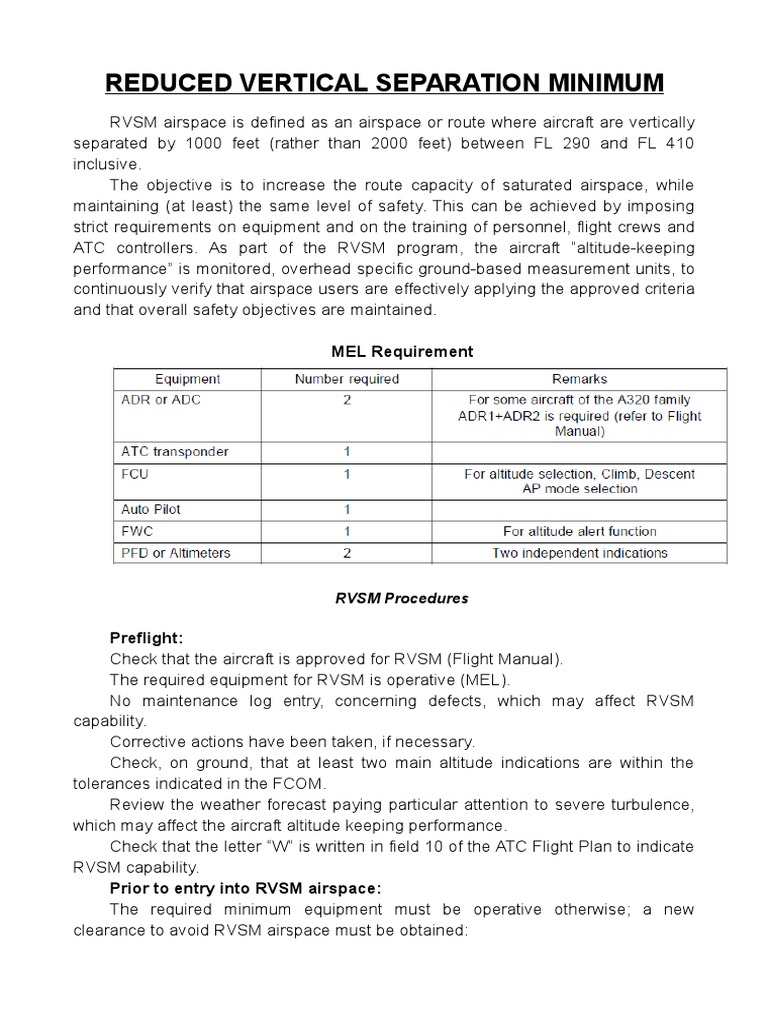 Reduced Vertical Separation Minimum: MEL Requirement | PDF | Air Traffic Control | Altimeter